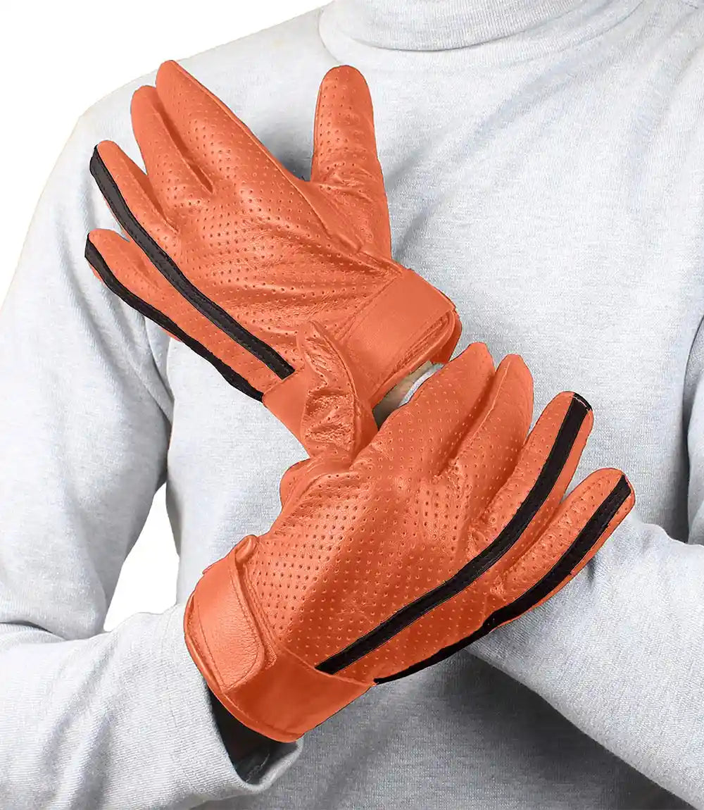 Men's Cognac Perforated Leather Gloves - Black Stripe & Touchscreen ...